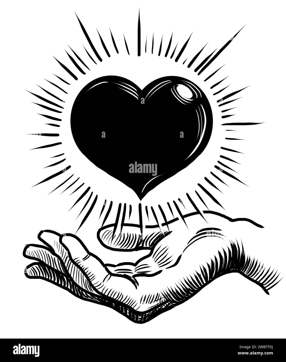 Hand and human heart. Retro styled hand-drawn black and white ...