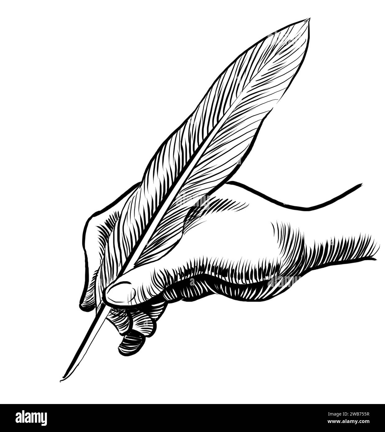 Hand with quill pen. Retro styled hand-drawn black and white ...
