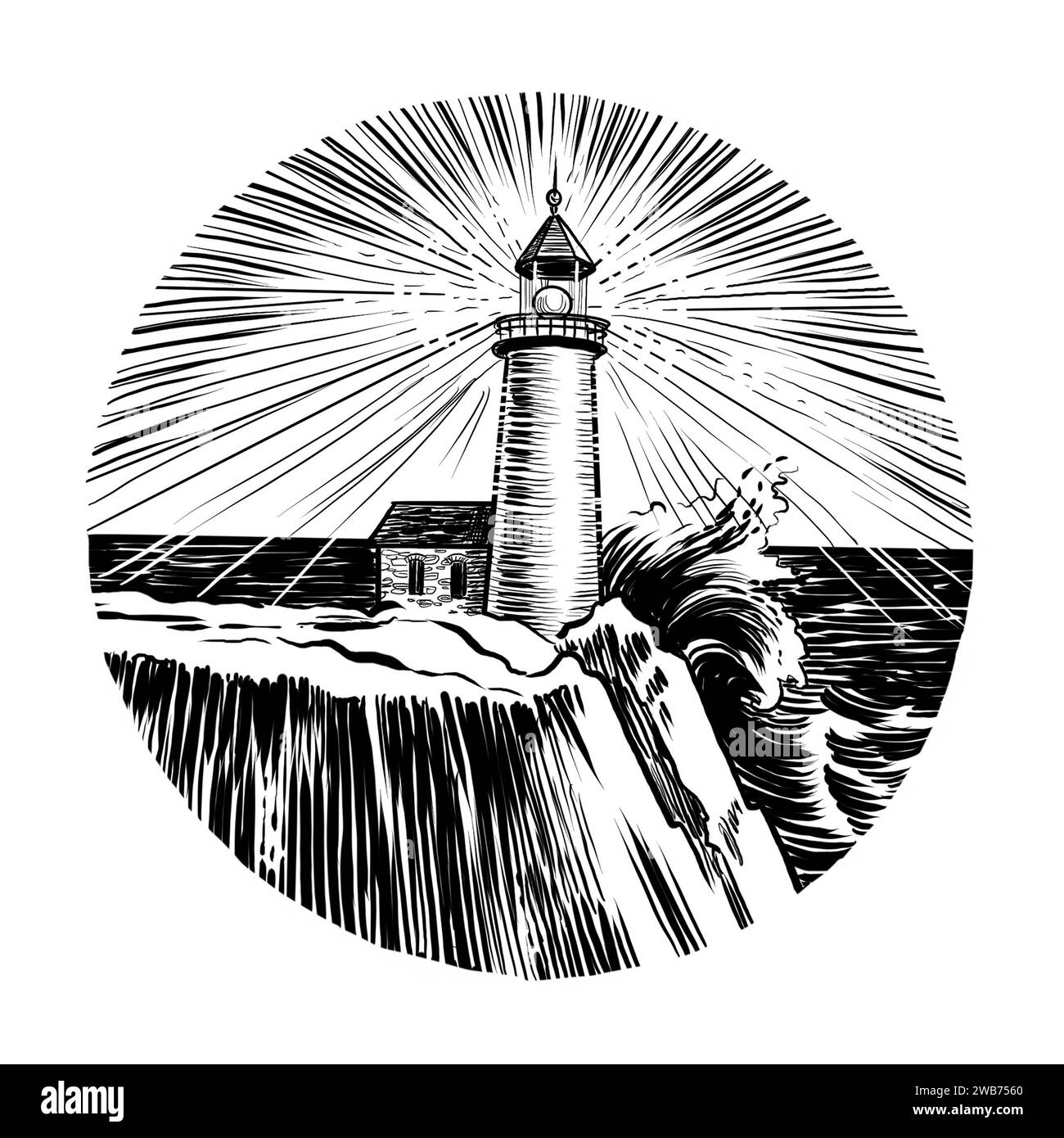 Lighthouse at the seaside. Retro styled hand-drawn black and white ...