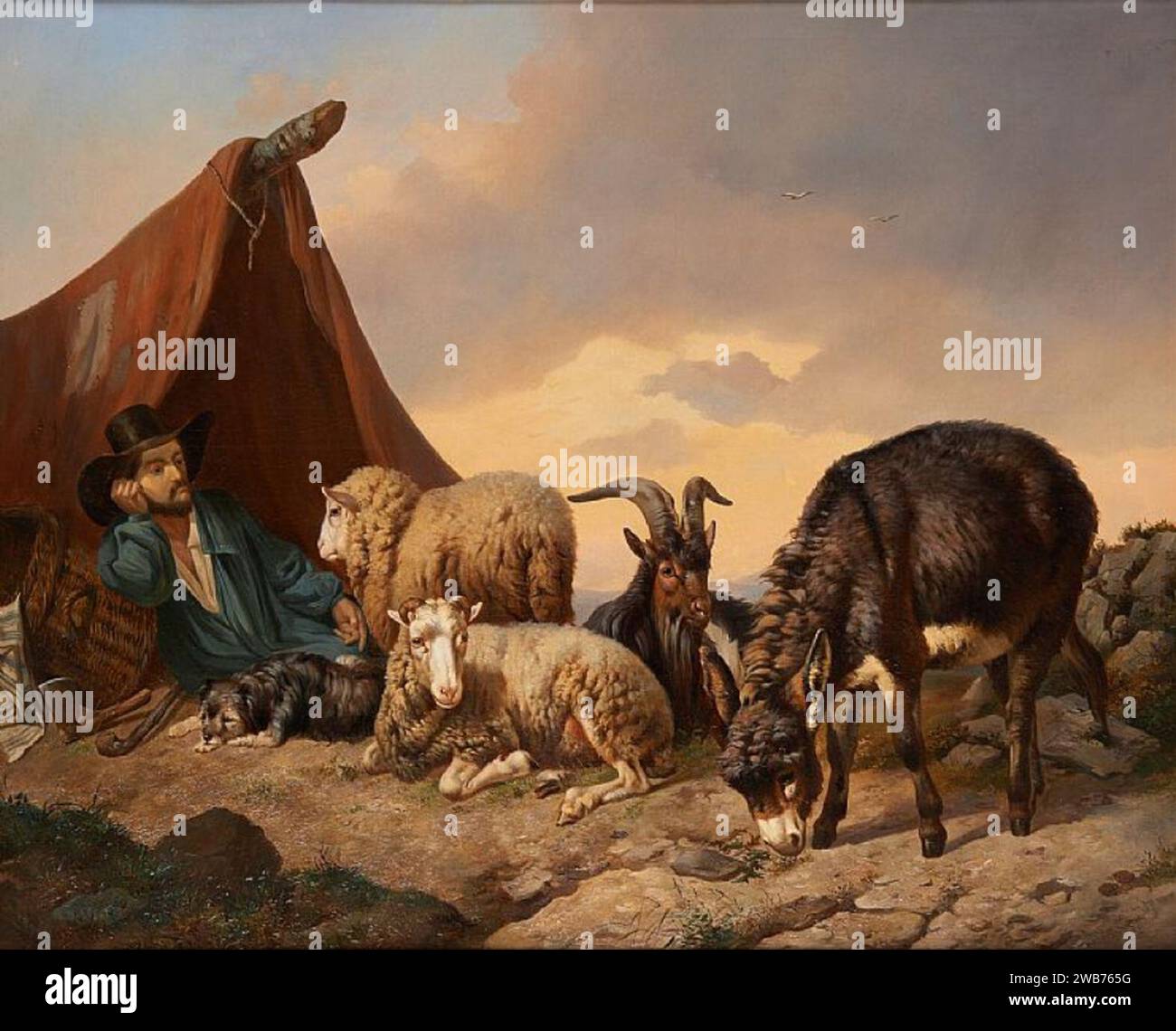 Edward Woutermaertens - Shepherd, his dog and his sheep on a landscape ...
