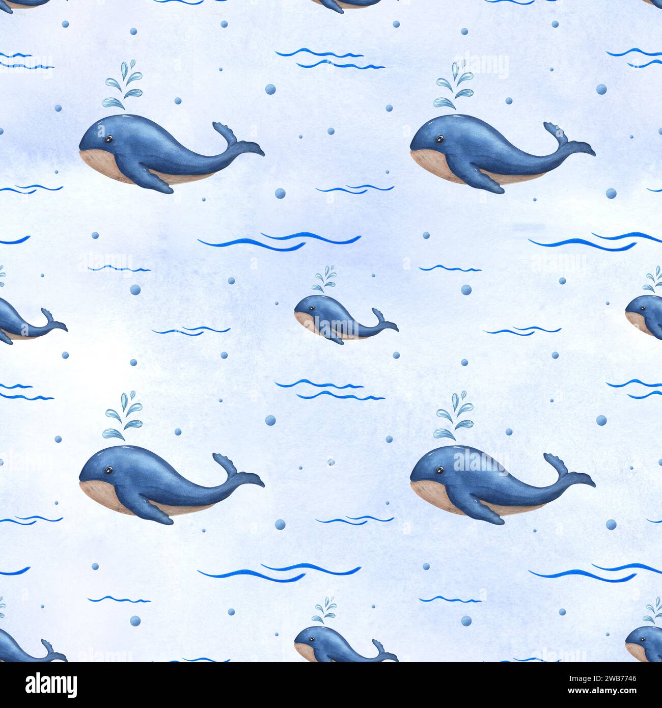 Cartoon whales on blue watercolor background. Ocean wave, drop, sea ...