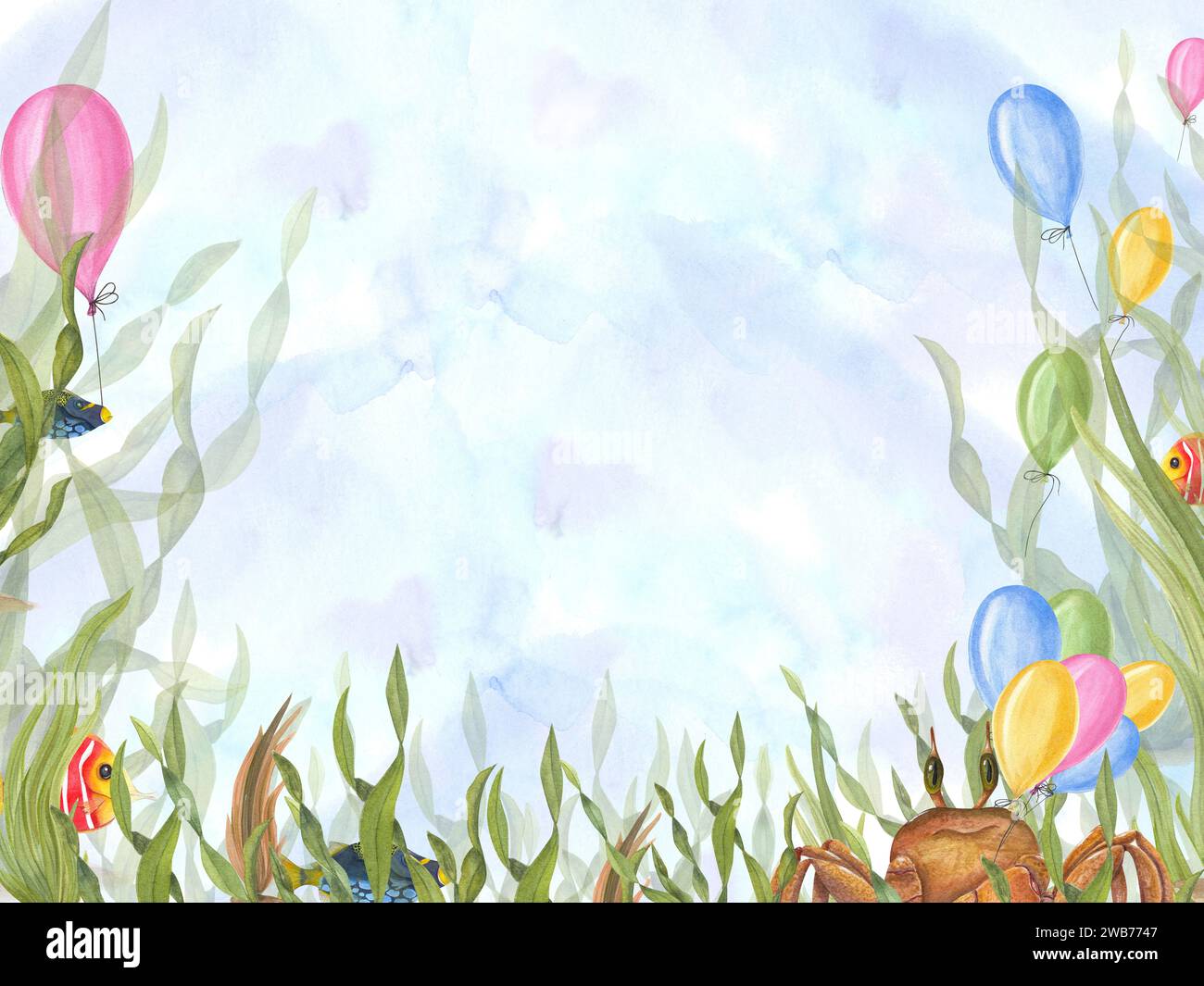 Greeting card in marine style for children birthdays. Balloons, fish ...