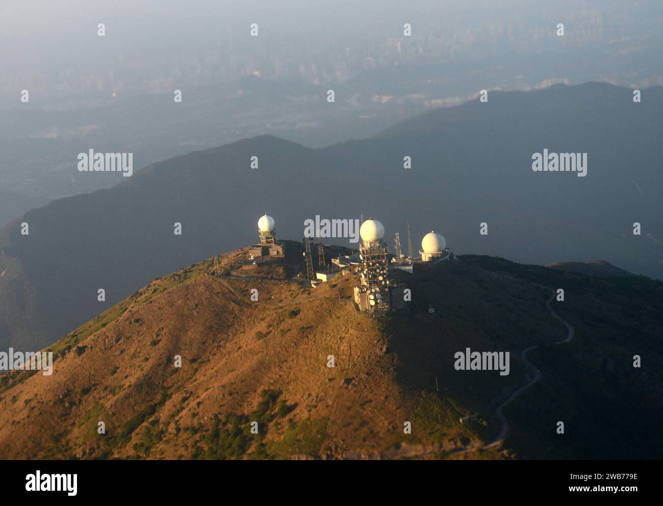 Aerial view of Tai Mo Shan Peak and the Radar station on top. Hong Kong ...