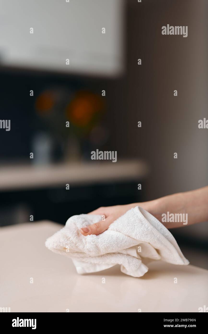 Hygiene Hand Cleaning: A Beautiful Caucasian Housewife Wiping Kitchen ...
