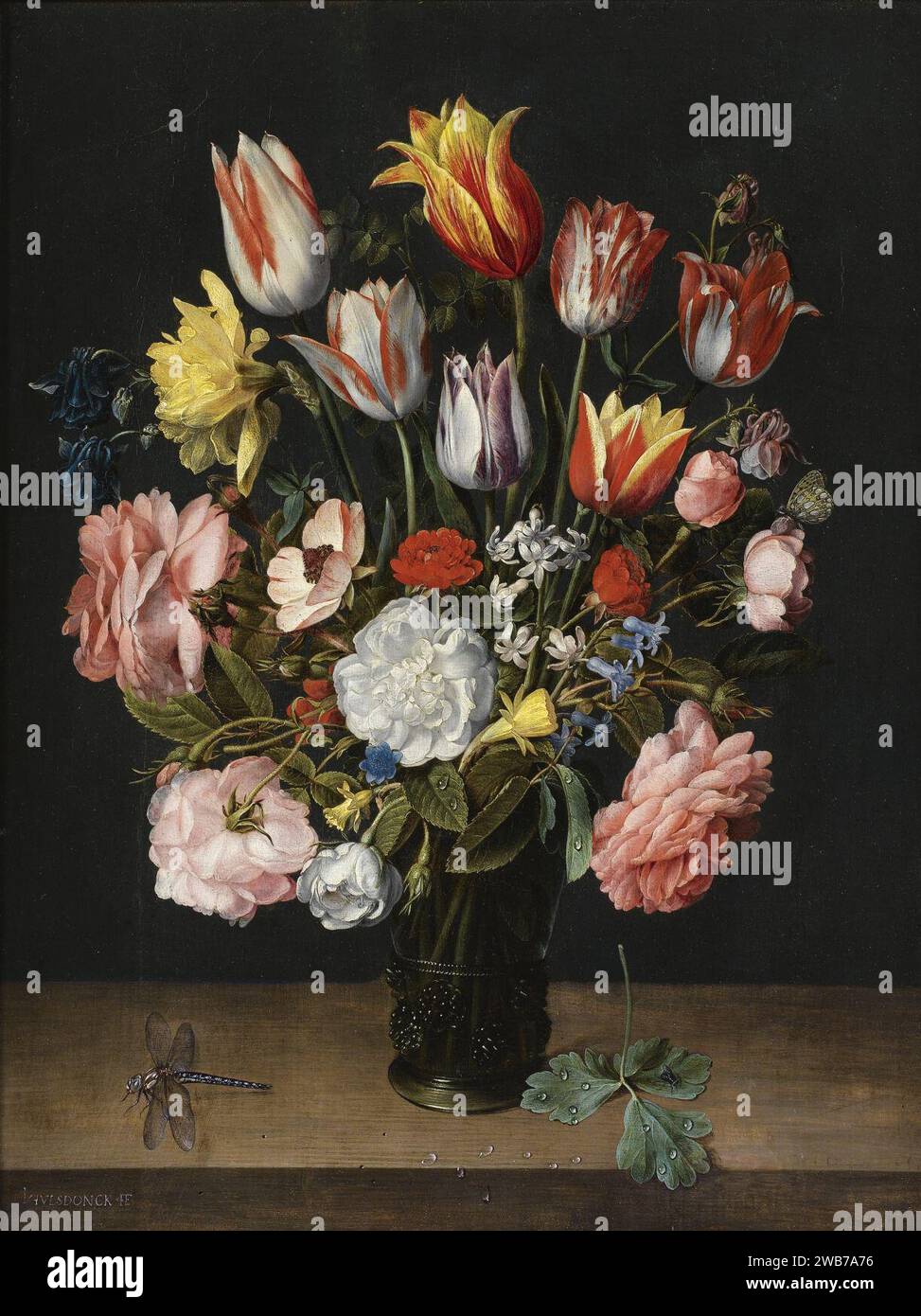 Jacob van Hulsdonck - A still life of tulips, roses, bluebells ...