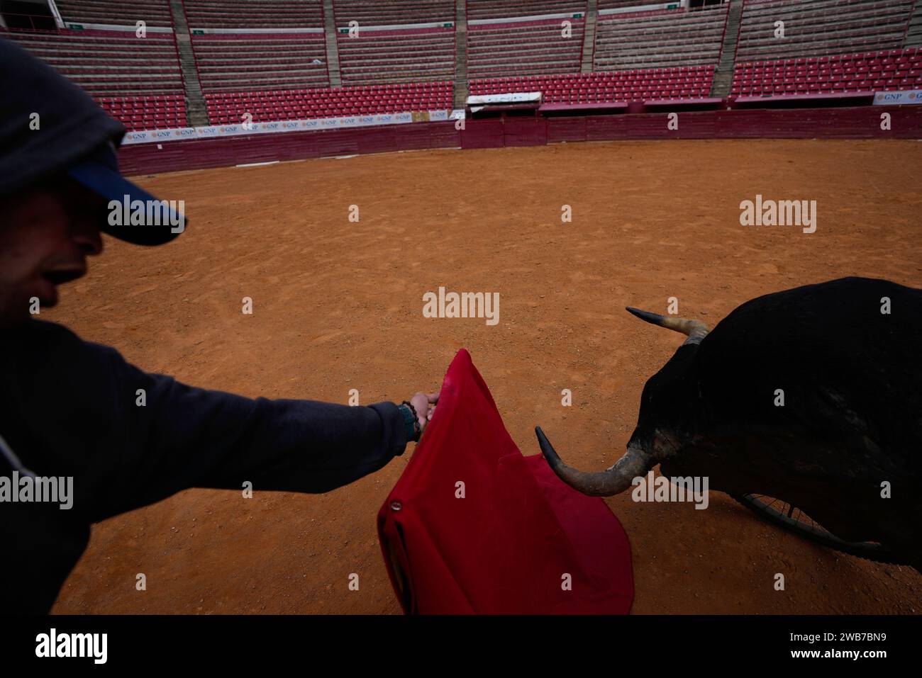 A bullfighter practices at the Plaza de Toros Mexico bullring in Mexico ...