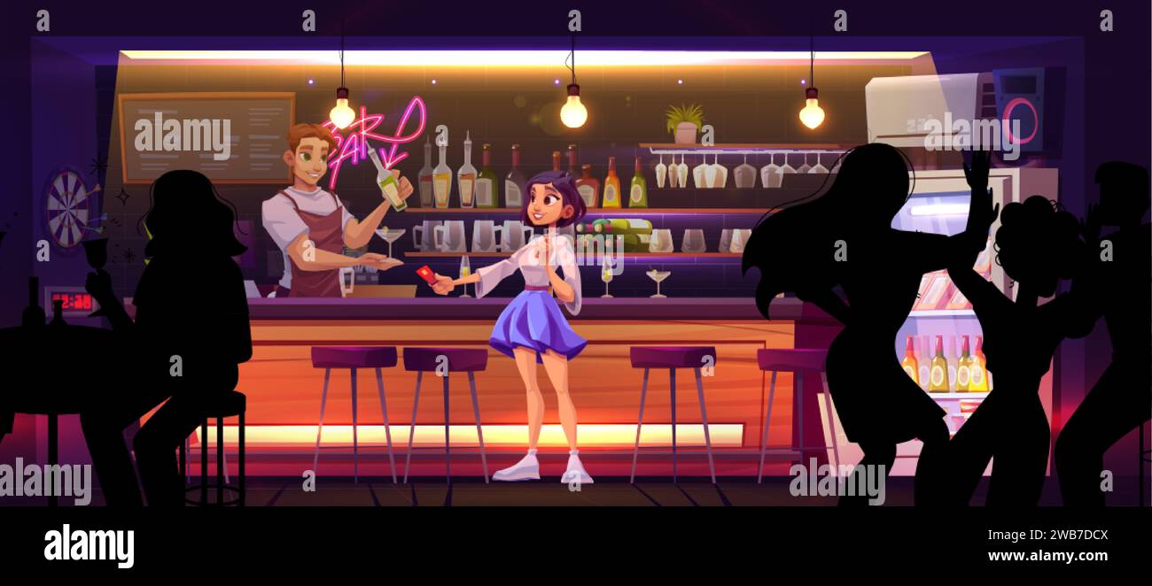 Bartender making cocktail for young woman. Vector cartoon illustration ...