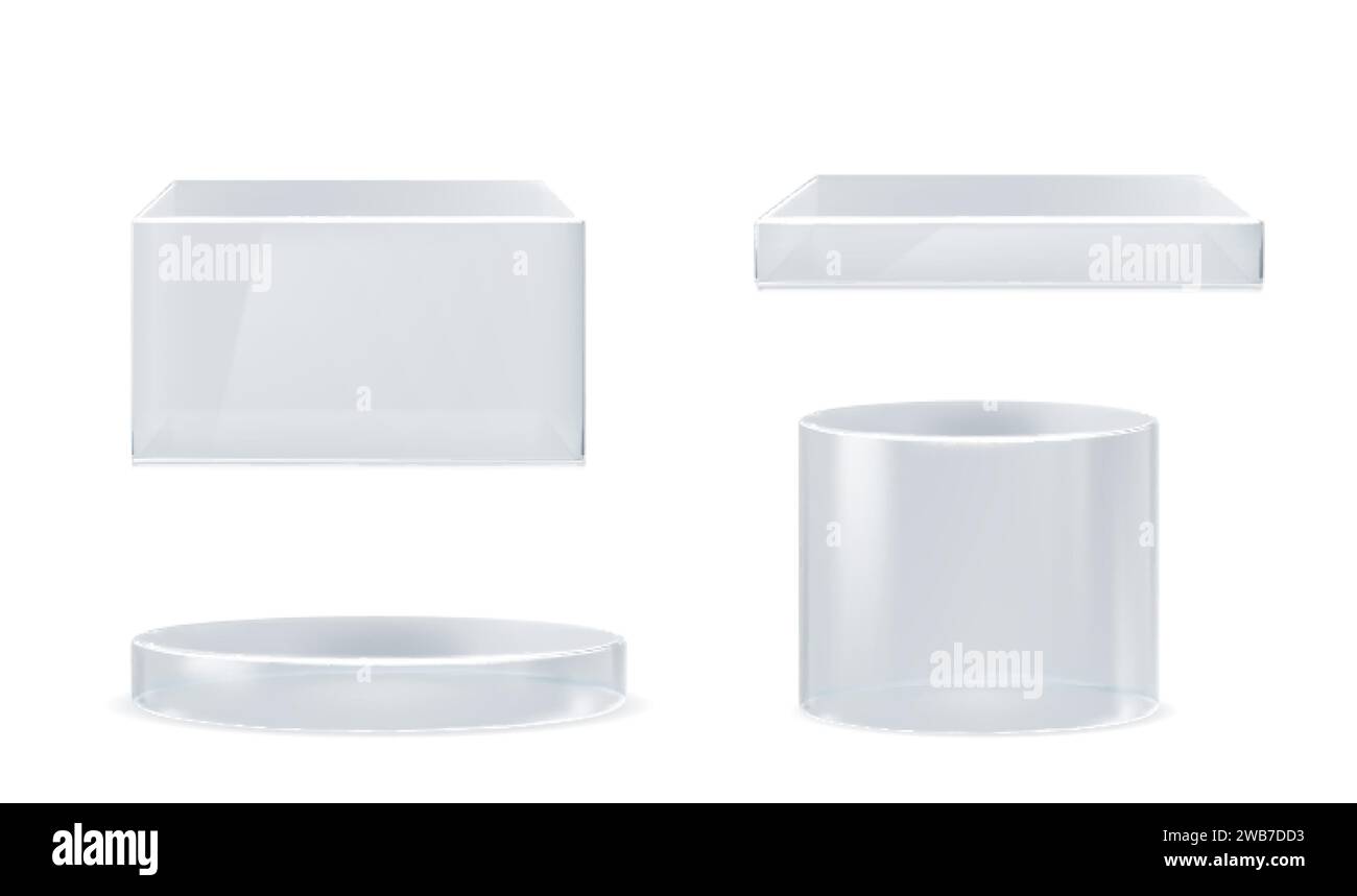 3D cylinder and cube glass platforms set isolated on white background ...