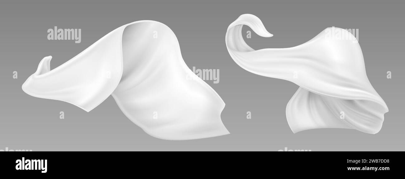 Ribbon of white silk fabric flying and waving in air. Realistic vector ...