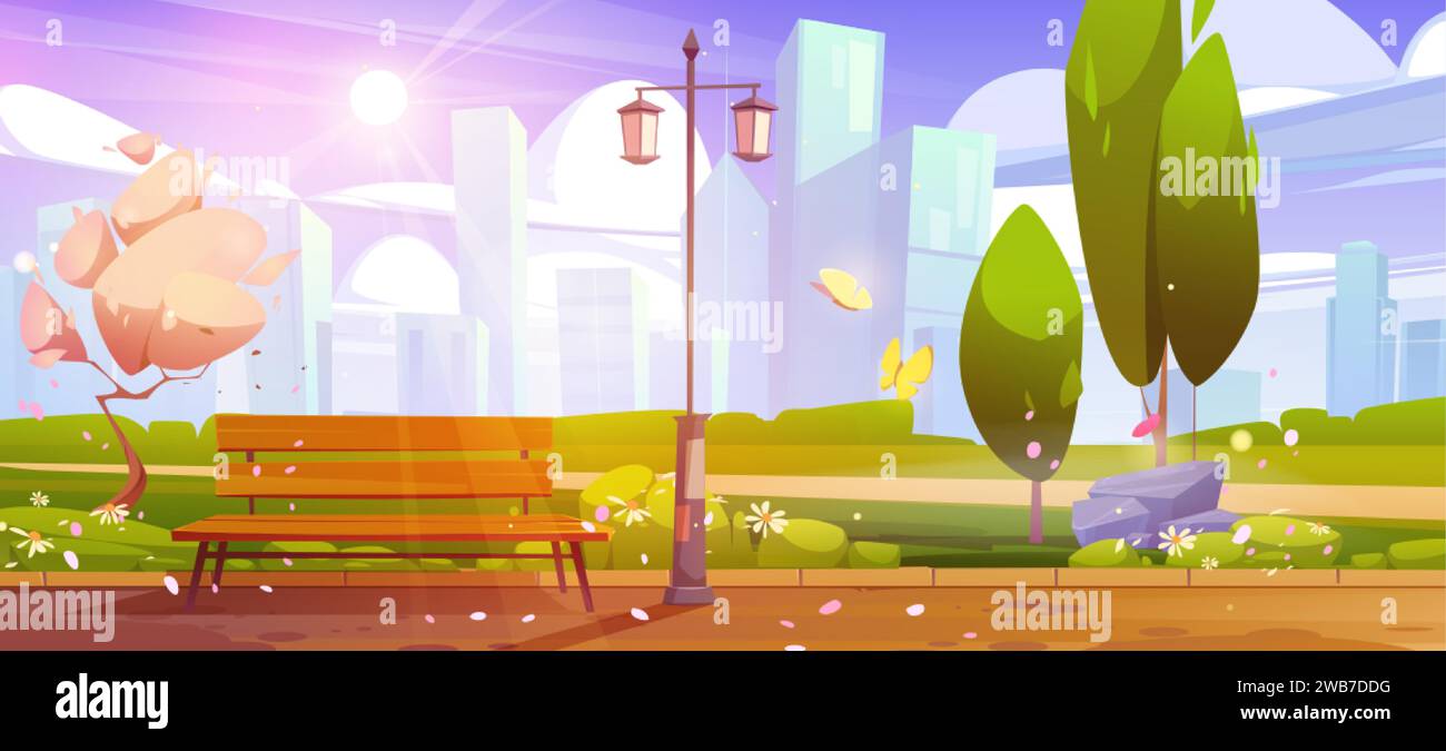 Spring park with cityscape background. Vector cartoon illustration of ...