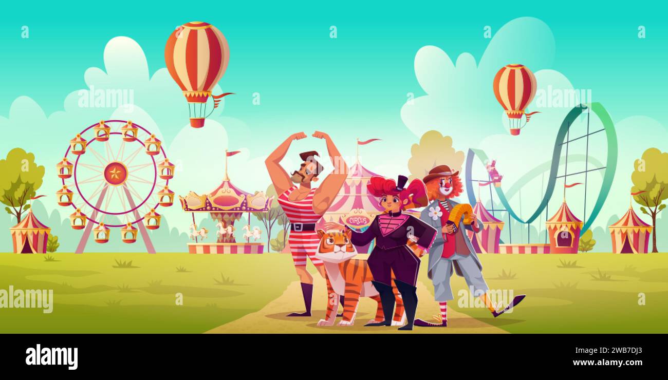 Retro circus actors in theme park. Vector cartoon illustration of clown ...