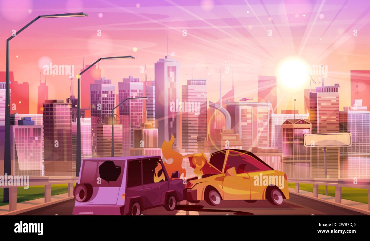 Car accident on highway against cityscape background. Vector cartoon ...