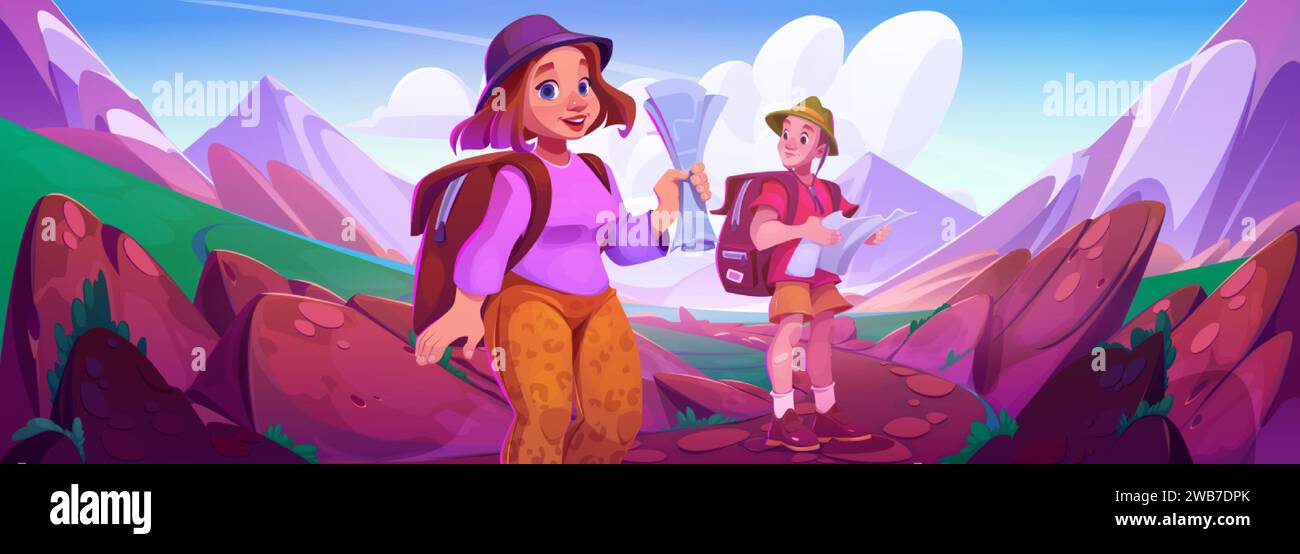 Tourists hiking in mountains with maps. Vector cartoon illustration of man and woman with ...