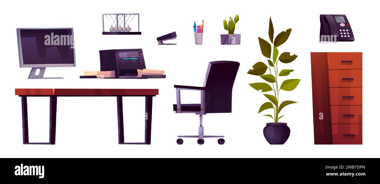 Modern workspace furniture and equipment. Cartoon vector set of office ...