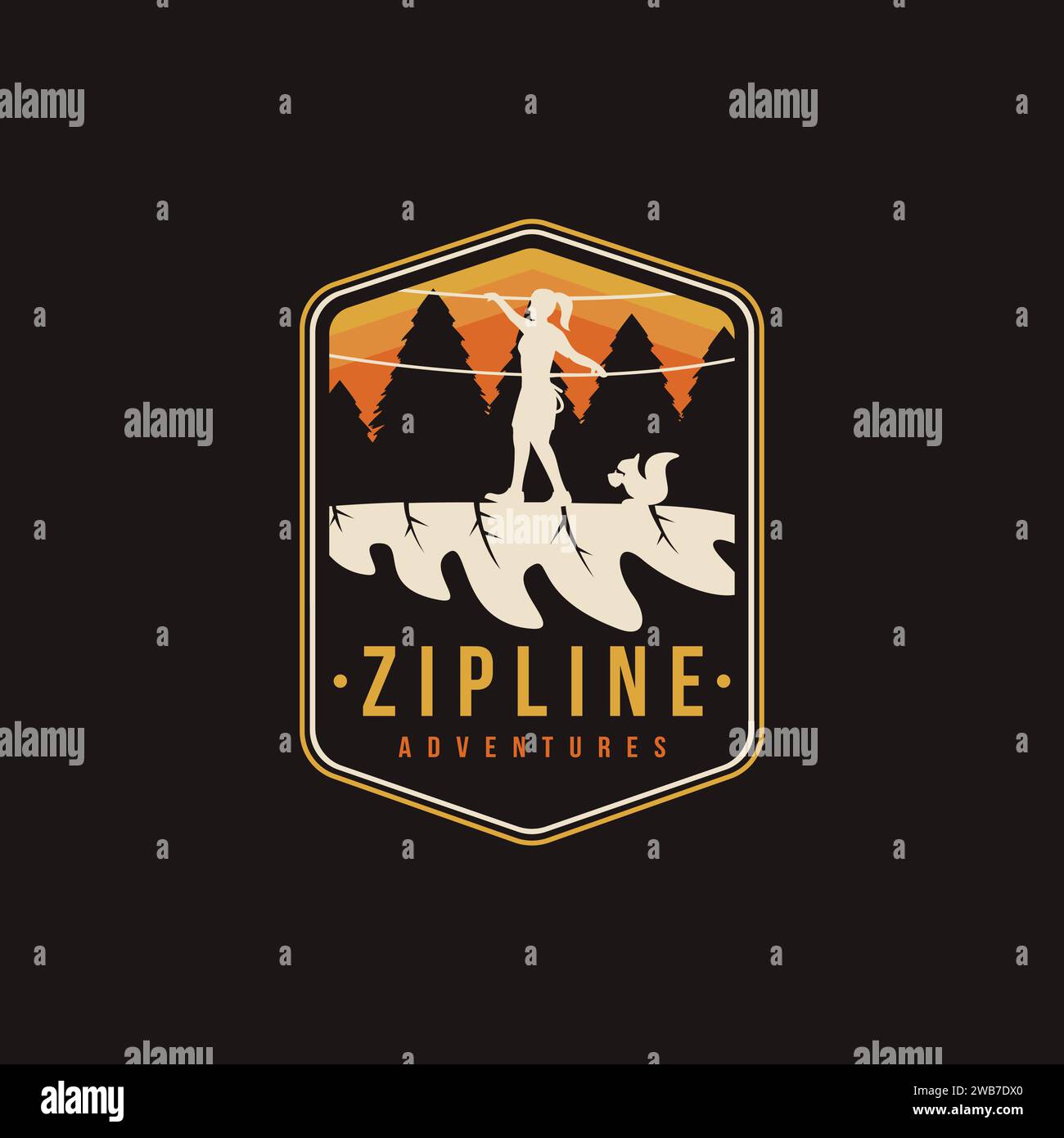 Woman walk on oak leaf, game and park logo, zipline adventure game logo ...