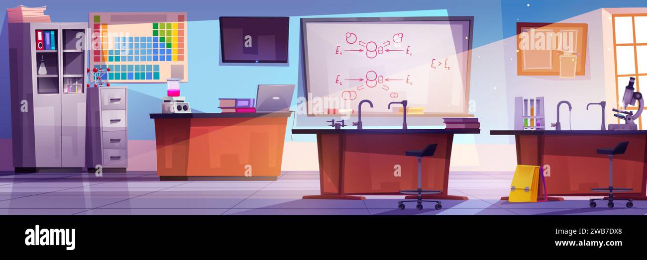 School chemistry classroom interior with laboratory equipment and supplies. Cartoon vector of ...