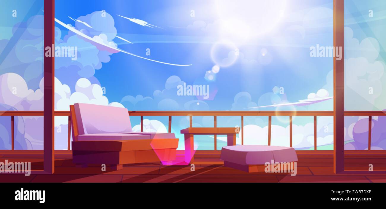 Wooden terrace with table and armchair above clouds against blue sky ...