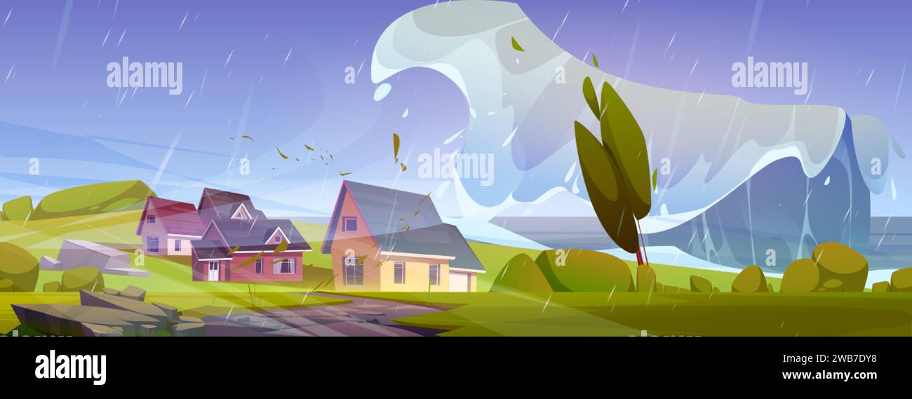 Tsunami wave covering small town houses. Vector cartoon illustration of ...
