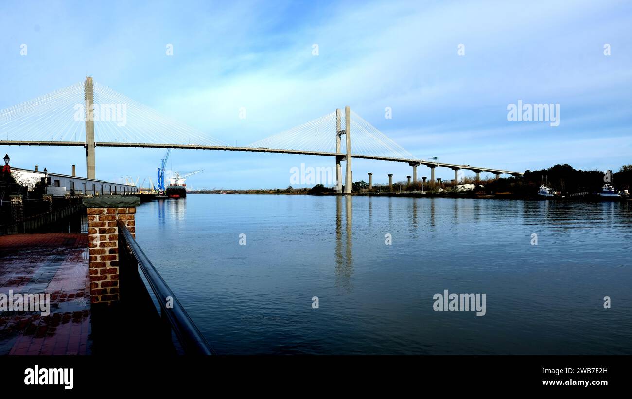 View of the Talmadge Memorial Bridge from the Riverwalk in Savannah, Georgia; Coastal Highway ...