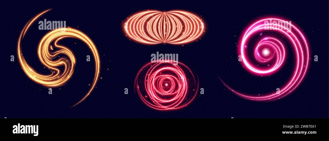 Magic light circle and spiral neon elements with swoosh effect and ...