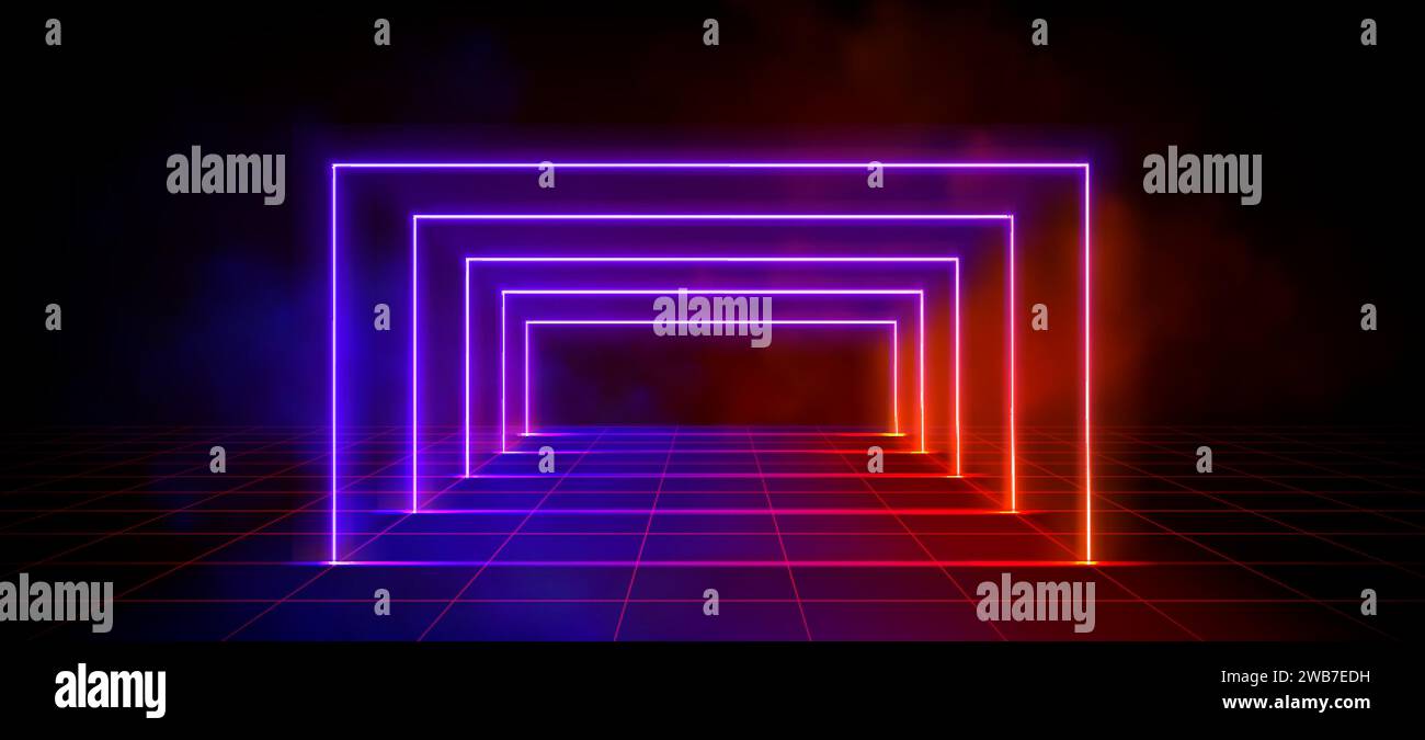 3D led light portal perspective on grid background. Vector realistic ...
