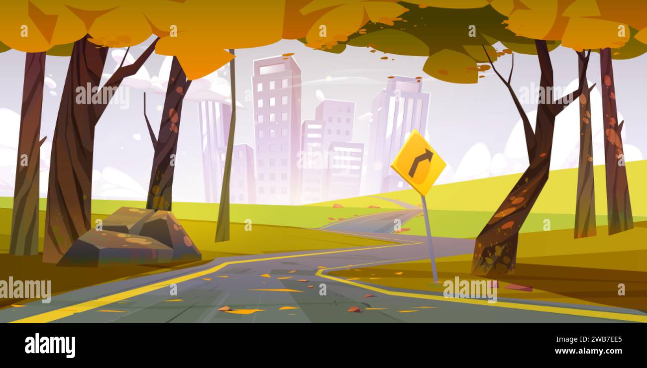 Street road to city autumn vector game background. Urban highway with ...