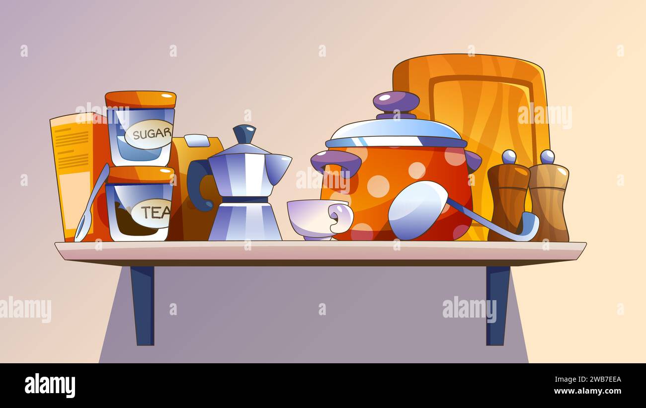 Kitchen shelf with cooking equipment. Vector cartoon illustration of ...