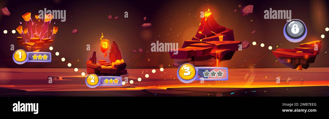 Arcade game map with floating volcanic islands. Vector cartoon ...