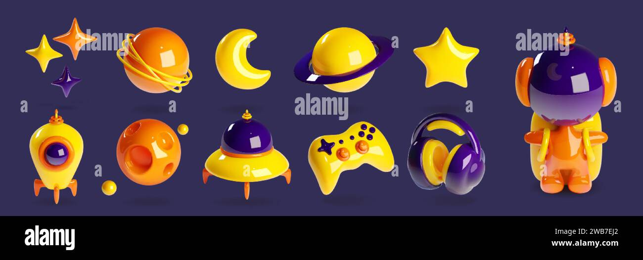 Space game 3d icon cartoon vector element set. Plastic object with ...