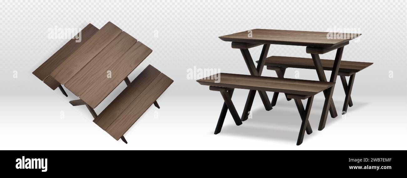 3d isometric picnic table with wooden bench garden outdoor furniture. Wood realistic street long ...