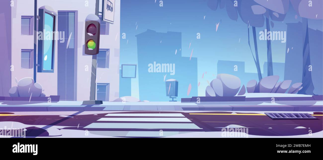 Cartoon winter city street landscape with sidewalk, traffic light near ...