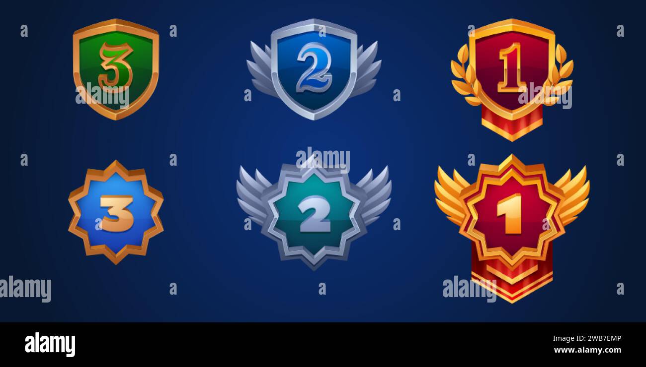 Gold game level badge ui icon for rank medal award. 3d shield button for winner. Victory rating ...