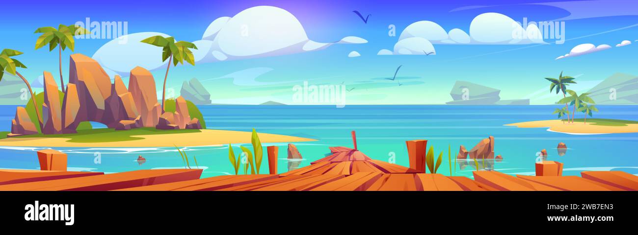 Old wooden pier on sunny beach. Vector cartoon illustration of ...