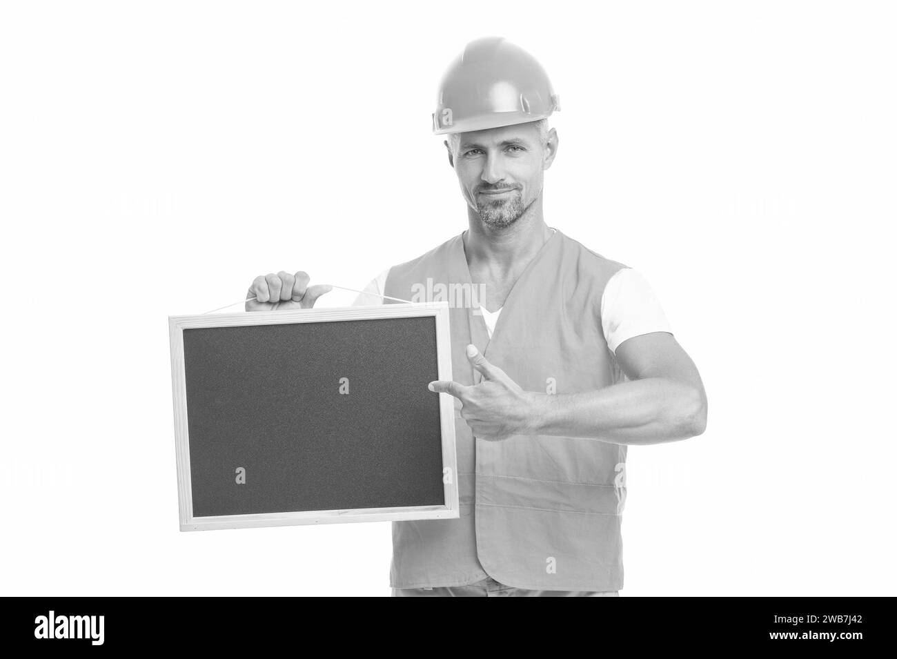 supervisor pointing on advertisement in white studio. supervisor show ...