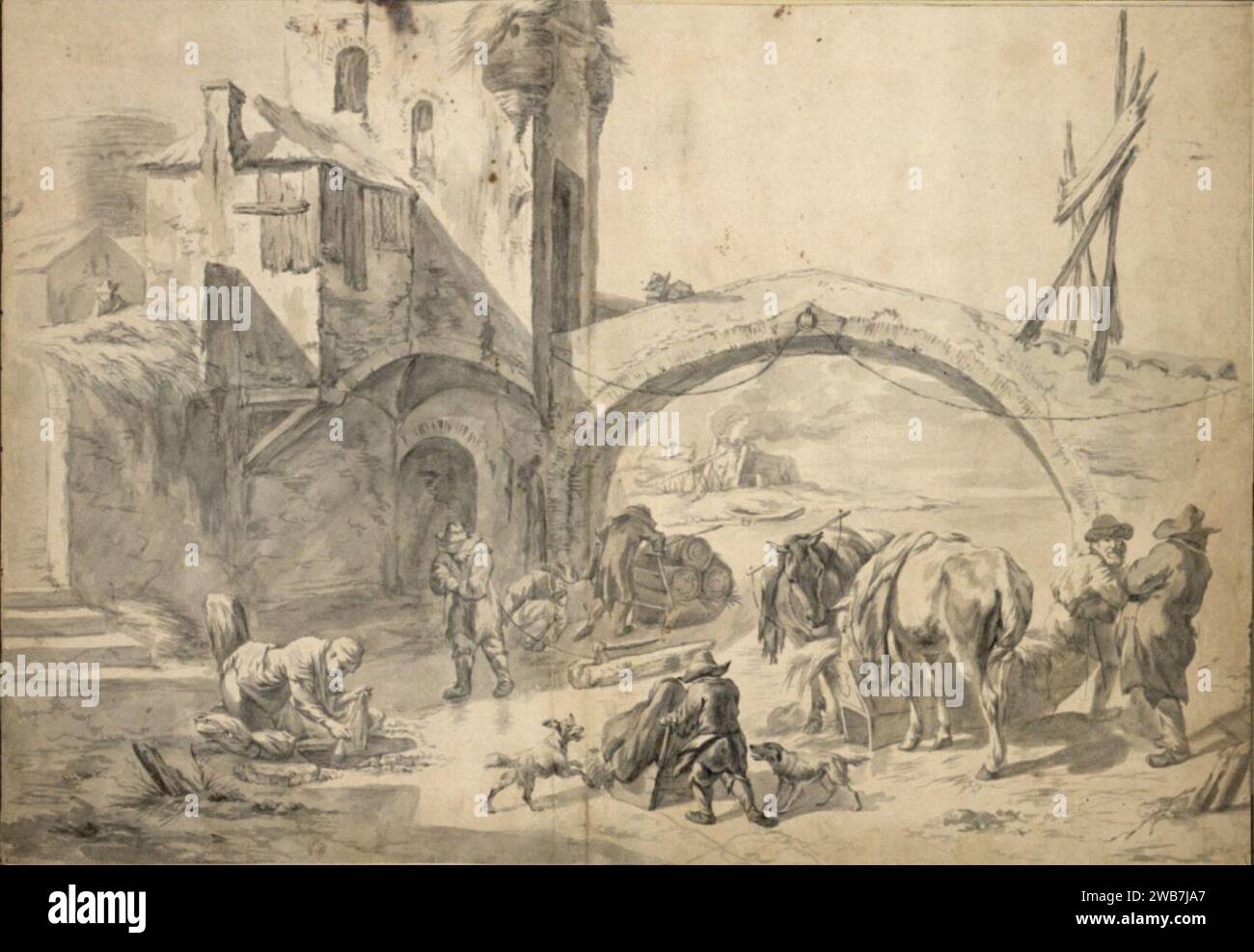 Pieter van Bloemen - City gate and bridge with winter scene on the ice ...