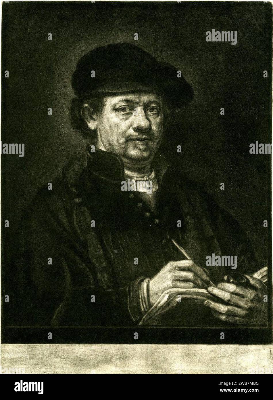 'Self-portrait' of Rembrandt with pen, inkpot and sketchbook ...