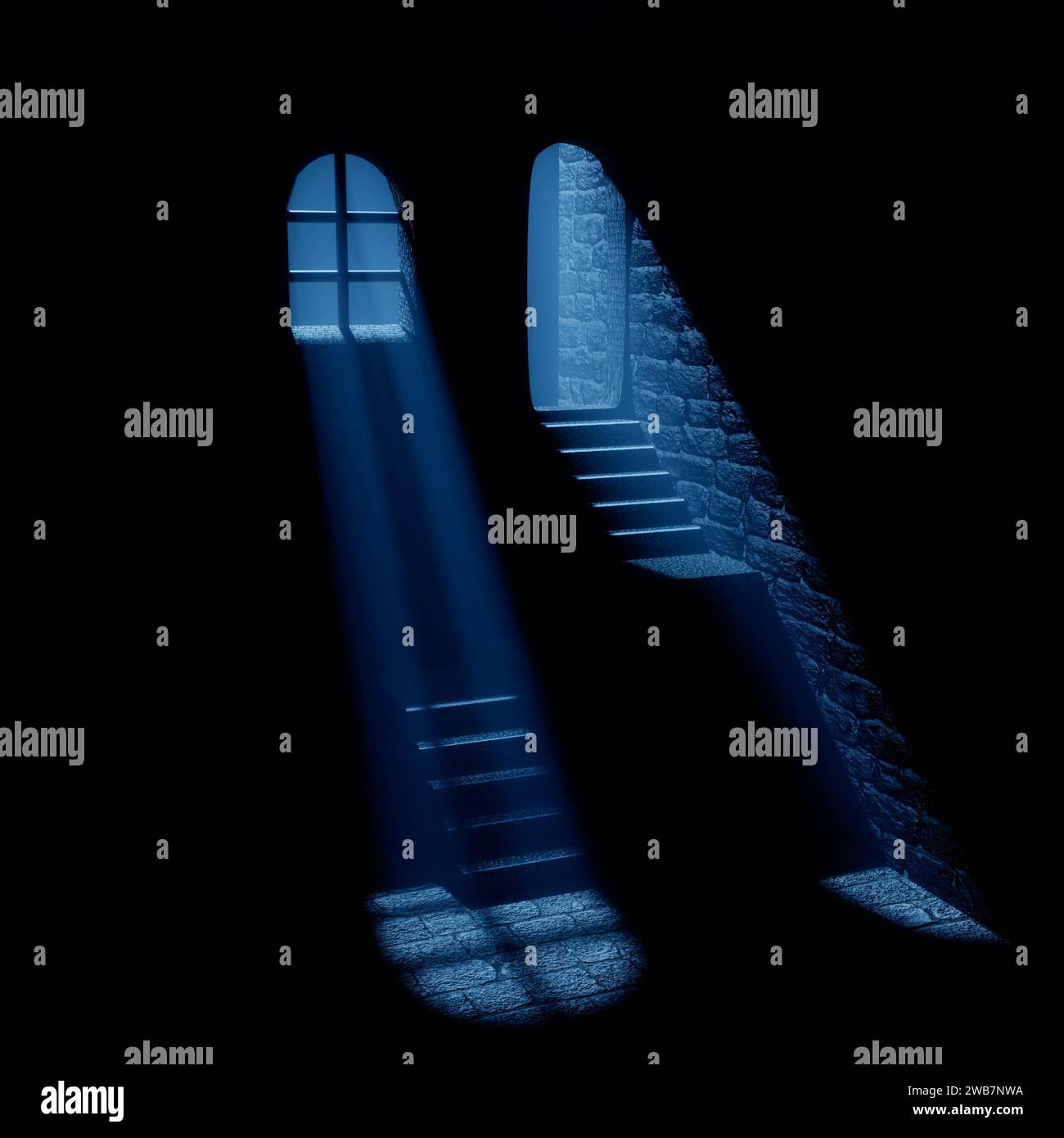 Inside an old stone castle at night in the moonlight Stock Photo - Alamy