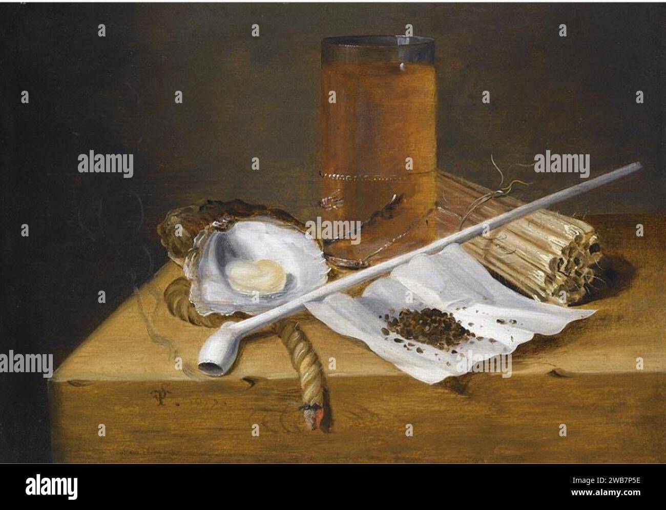 Theodoor Smits - Toebackje still life with a pipe, two oysters, a glass ...