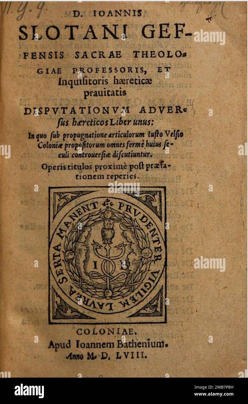 Title page of John Slotanus' 'Disputationum adversus haereticos liber ...