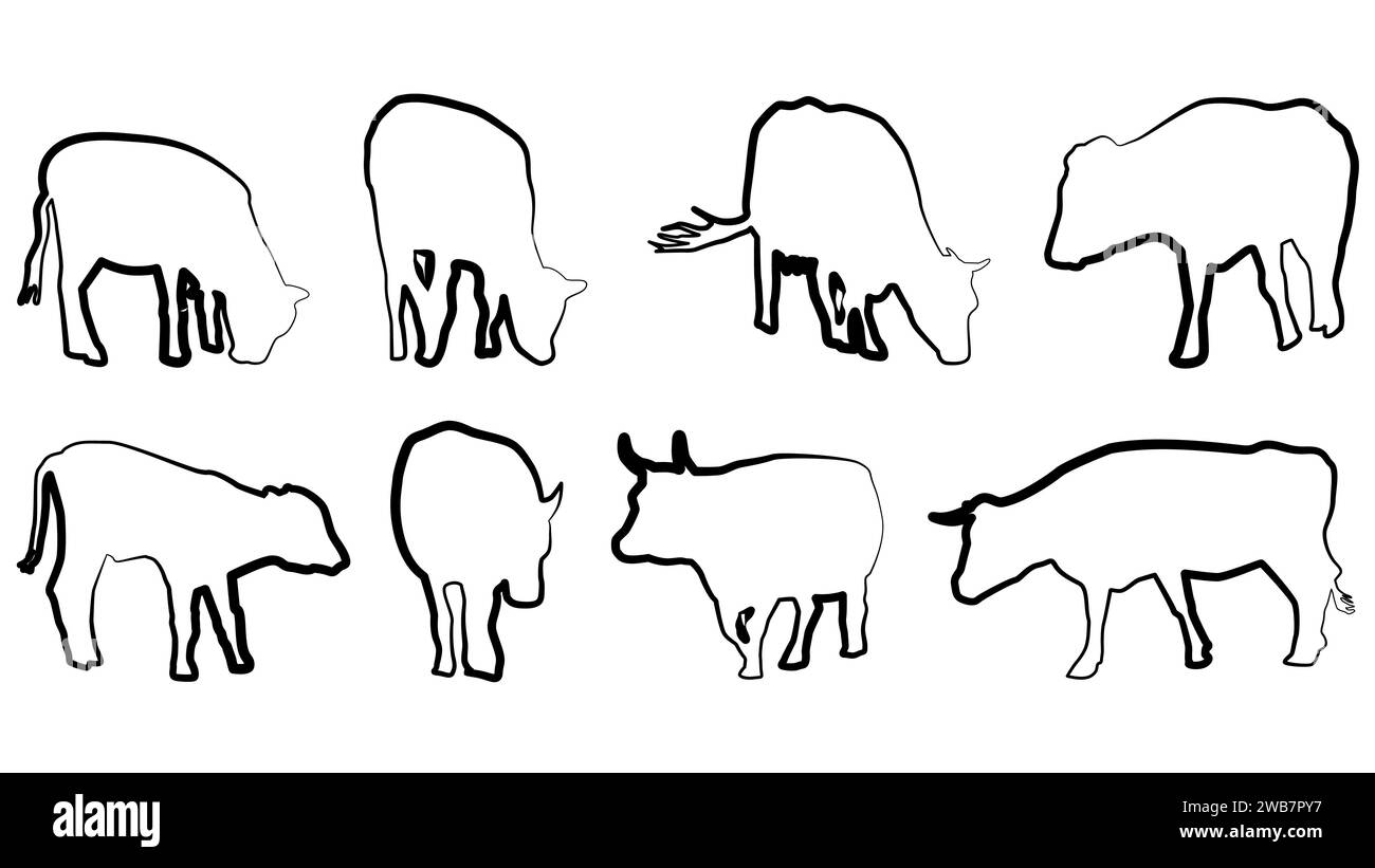 Set of cows outline isolated on white background. The cows eat and walk ...