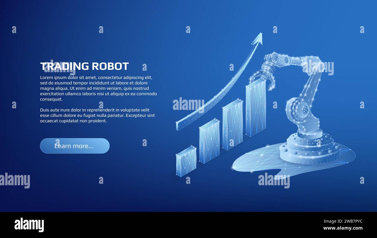Polygonal shiny Trading Robot isometric concept with chart and upward ...