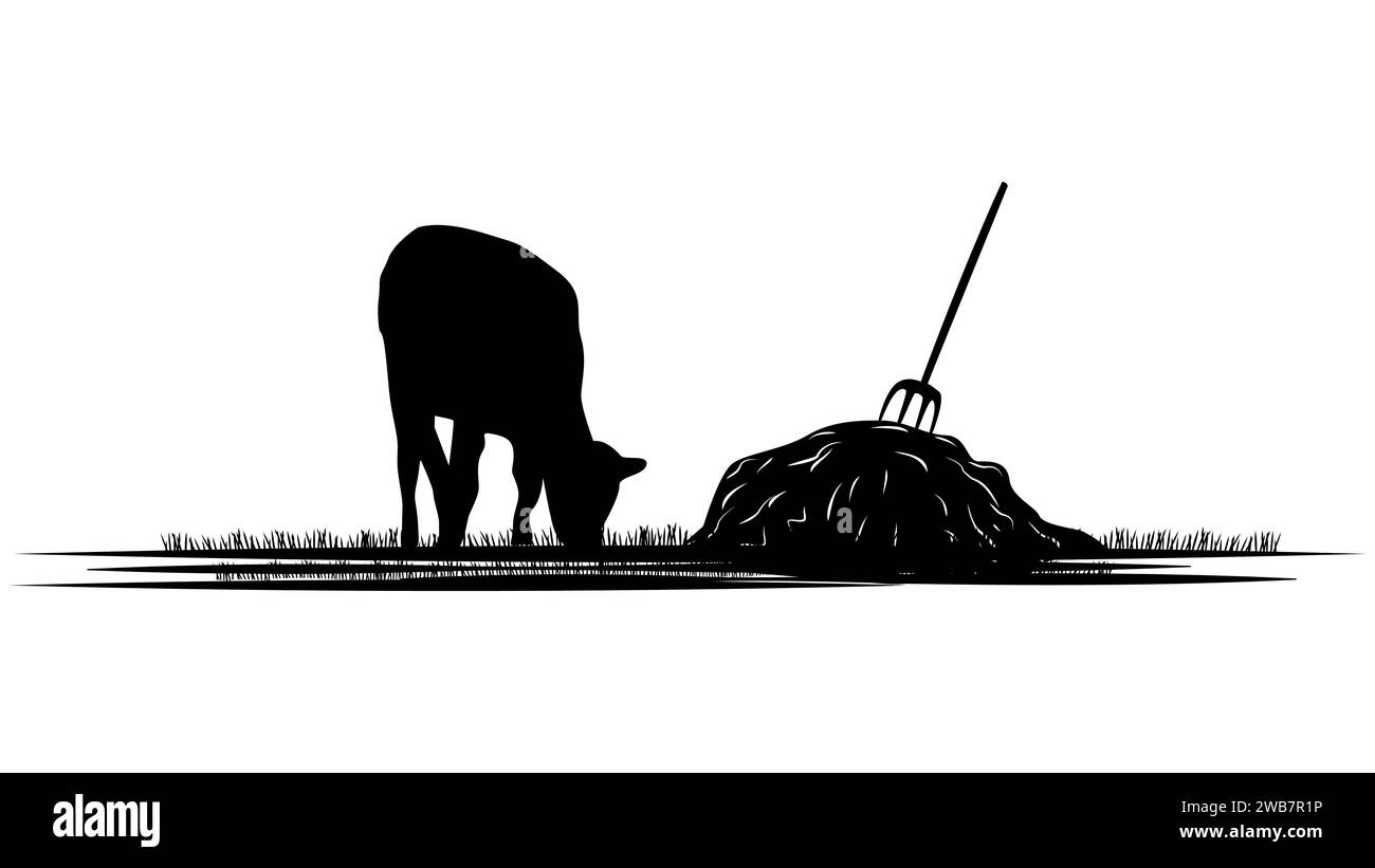 Set of silhouette scenes from farm life with cow and a pile of hay ...