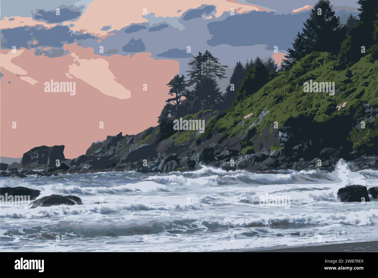 Vector landscape of a rocky coast pine covered beach at sunset. Waves ...