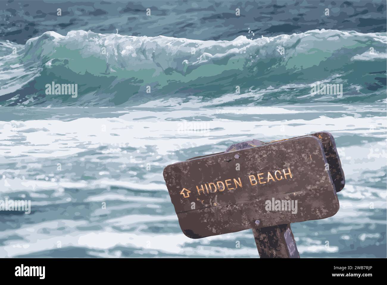 Vector blue green ocean waves and way sign of a coast. Waves crashing ...