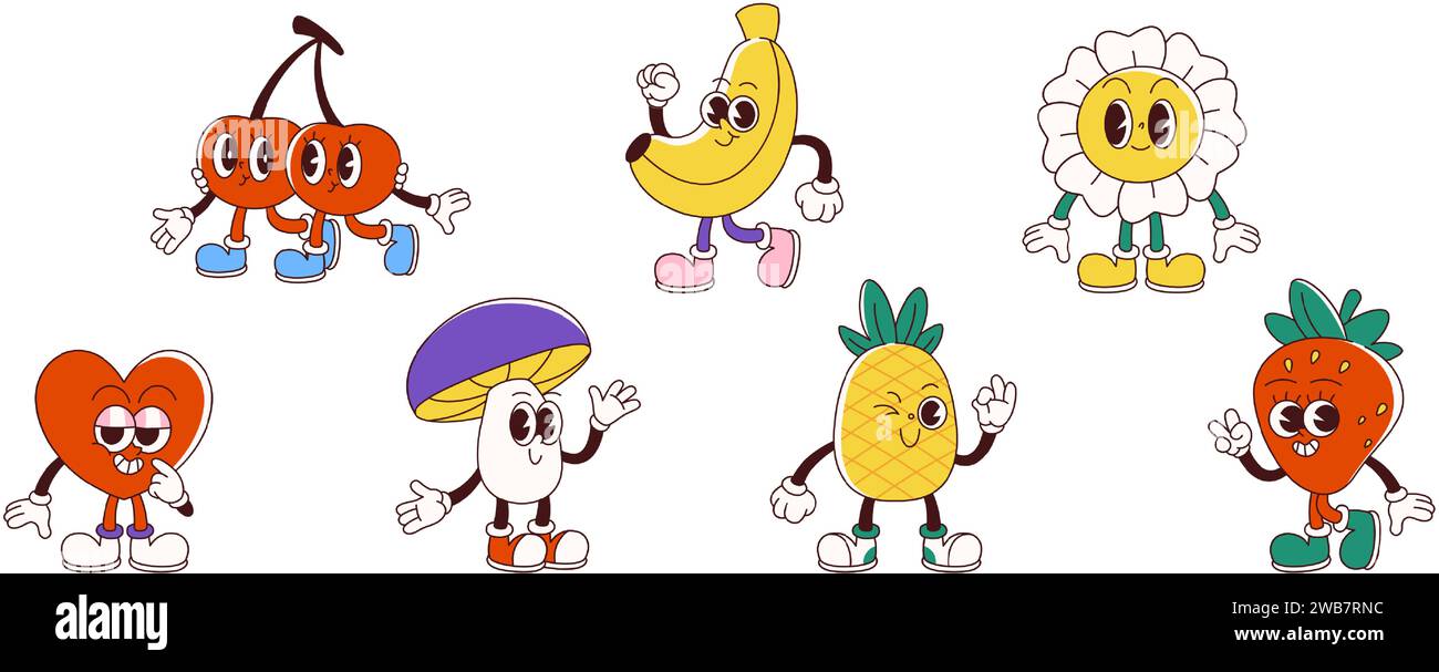 Retro groovy cartoon characters of fruits and flowers. Vector set of ...