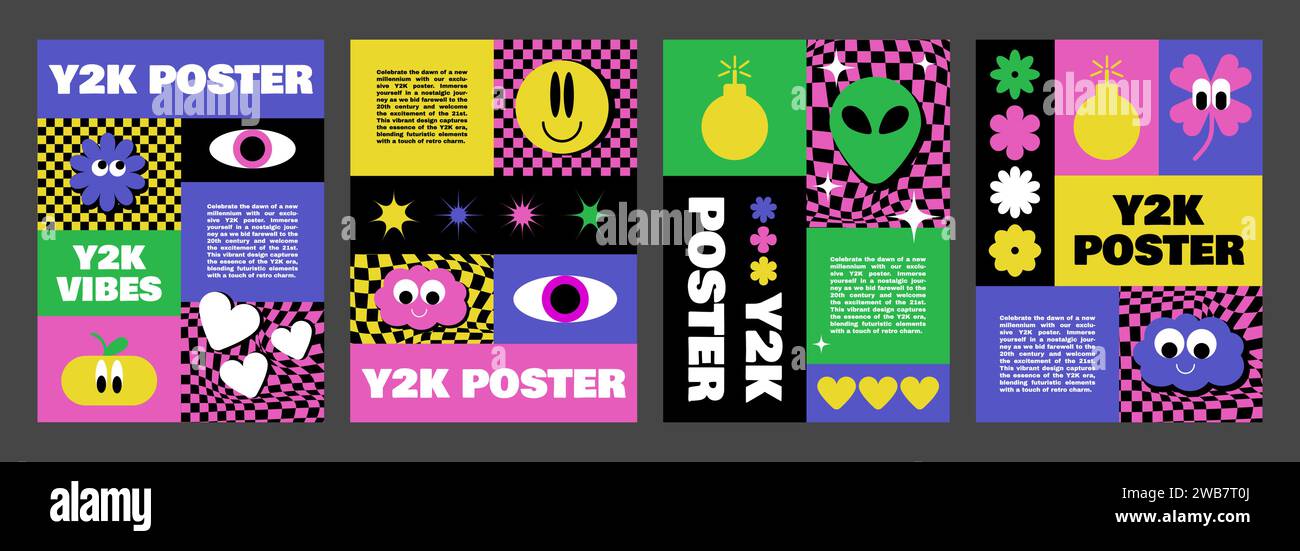 Y2k poster design template with bright abstract simple groovy sticker ...