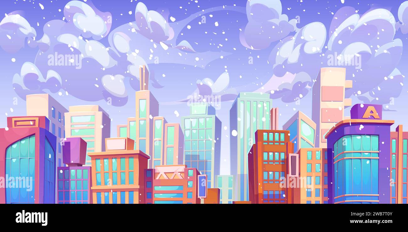 Snowfall in modern city. Vector cartoon illustration of snow falling on ...