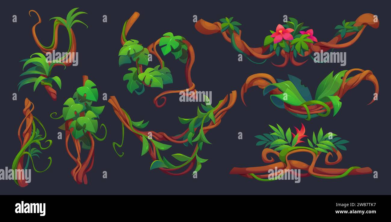 Twisted liana branch with green leaves and flowers. Cartoon vector ...
