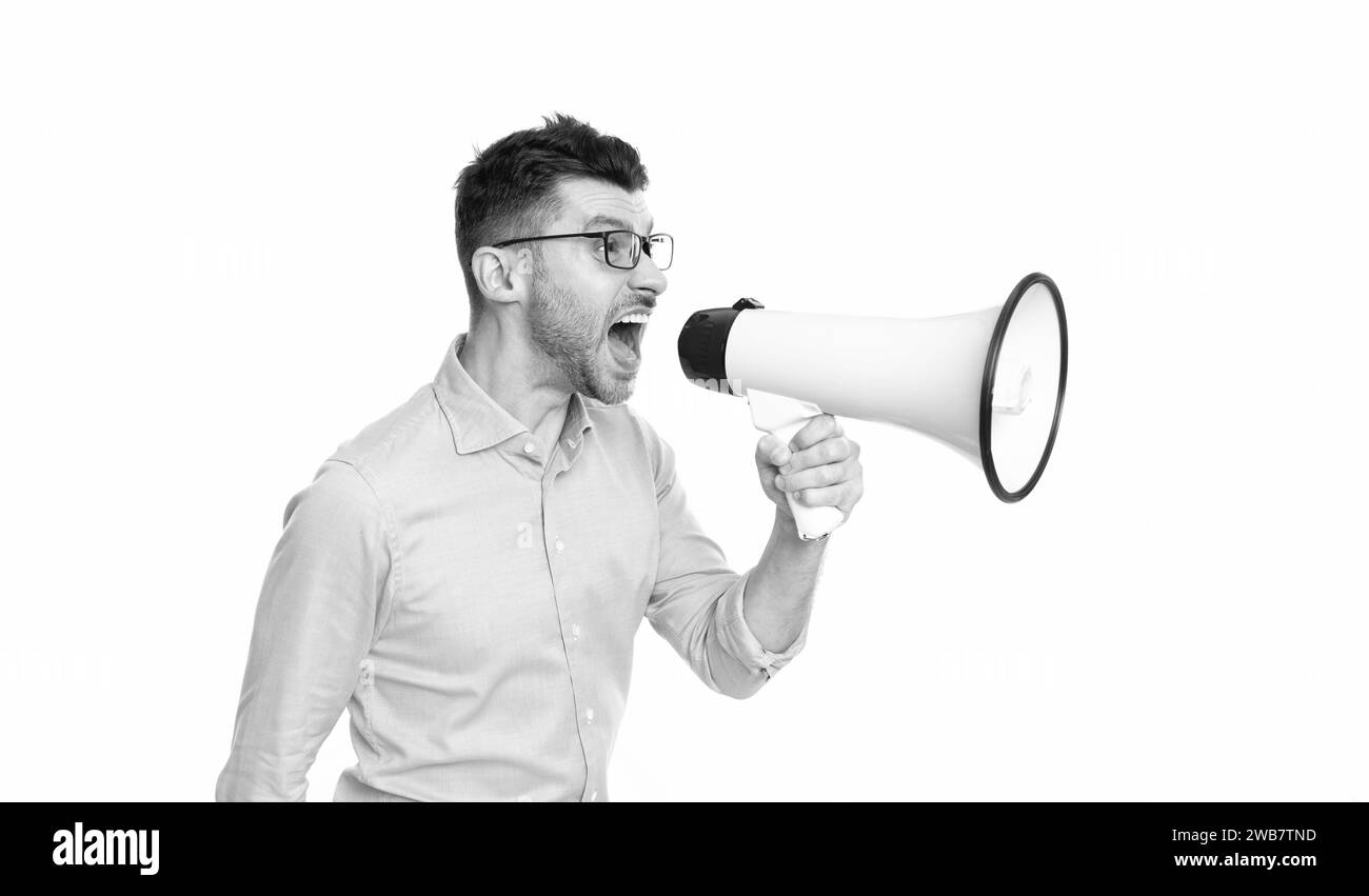 angry man announcing with megaphone isolated on white background. man ...