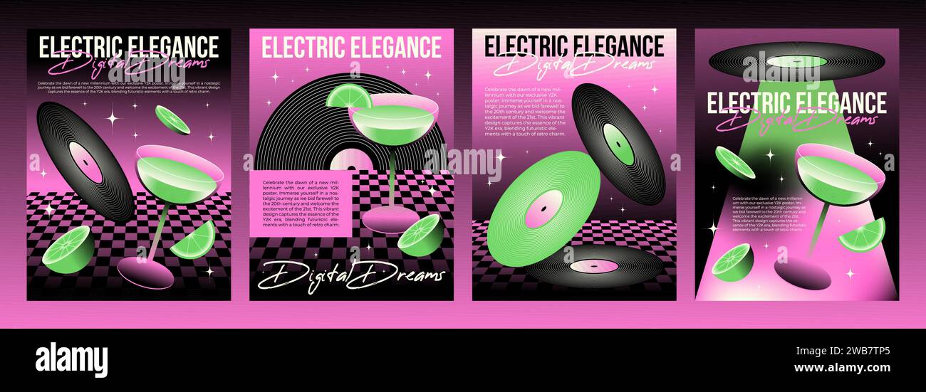 Set of y2k electronic music party posters. Vector realistic ...